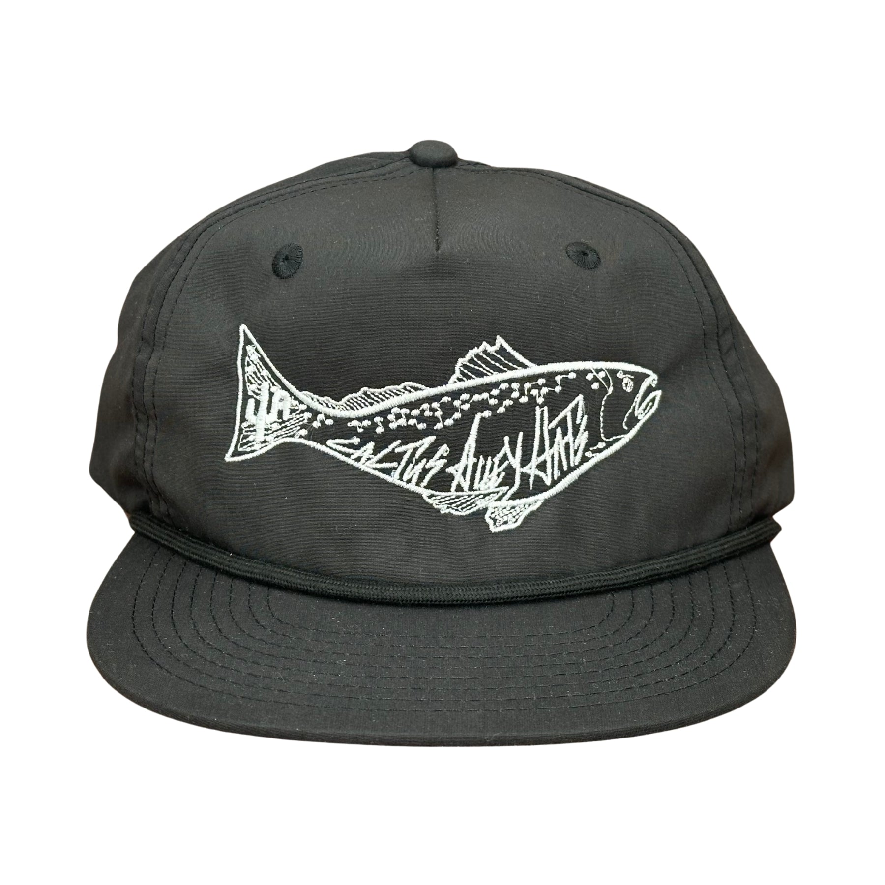 "Saltwater" - CA256 Black/ Black Rope, Snapback Cap- White Stitch (WES ...