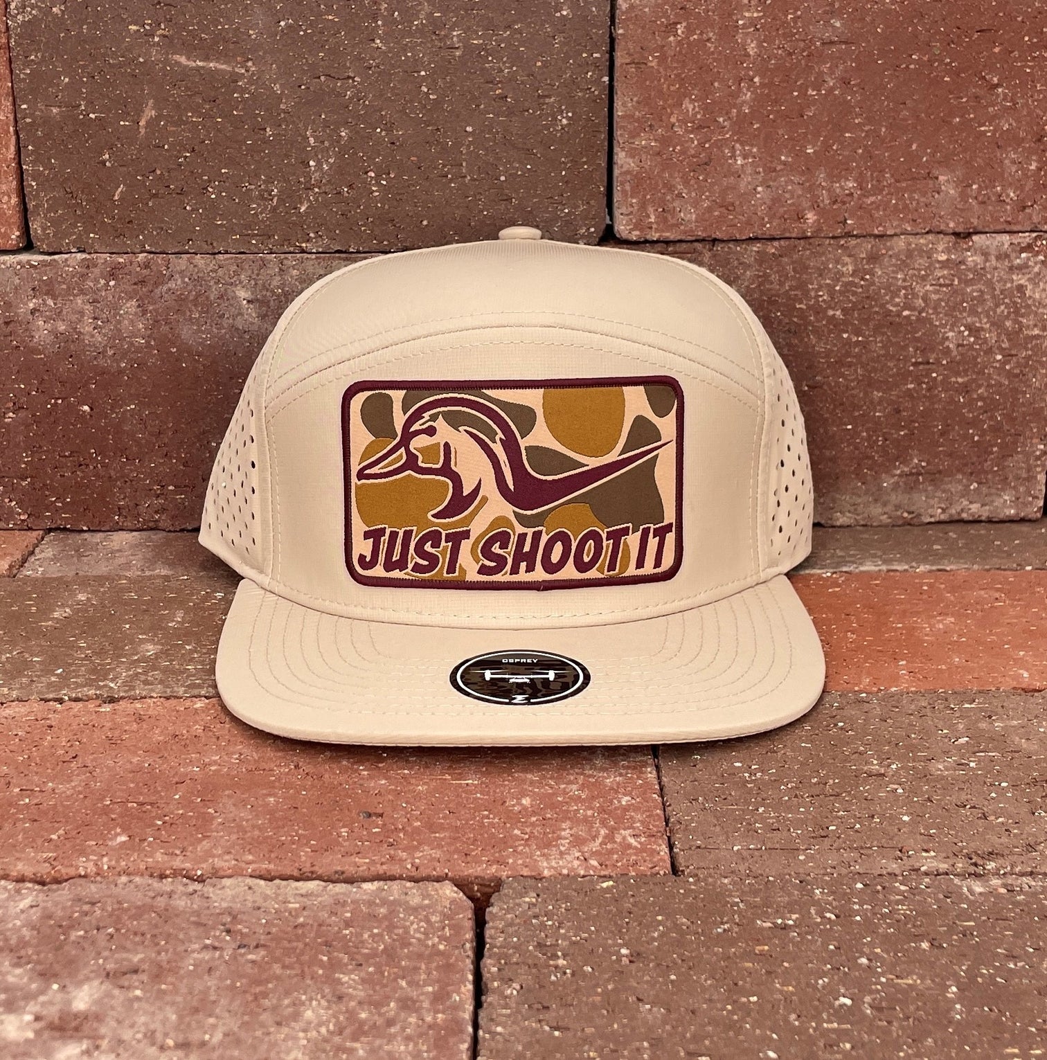 "Just Shoot It- Camo" - Zapped Khaki 7 Panel/Laser Holes, Snapback Cap ...